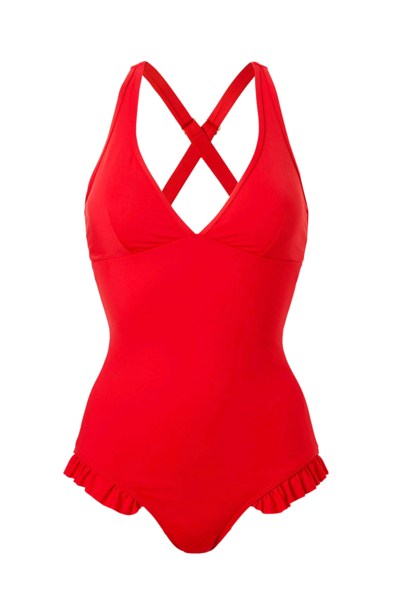 whkmp's beachwave corrigerende badpak met ruches rood | wehkamp