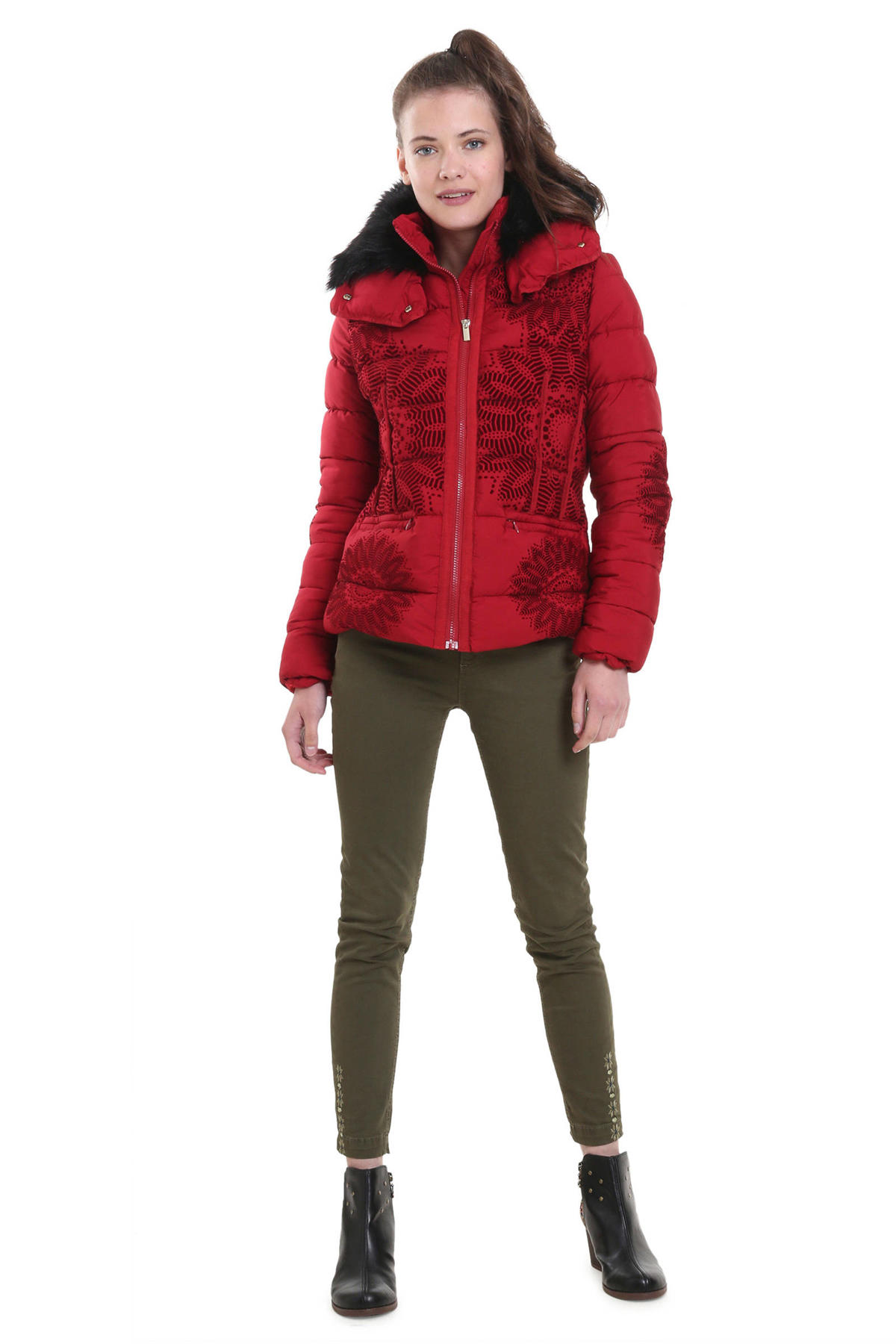 Desigual winterjas met all over print donkerrood | wehkamp