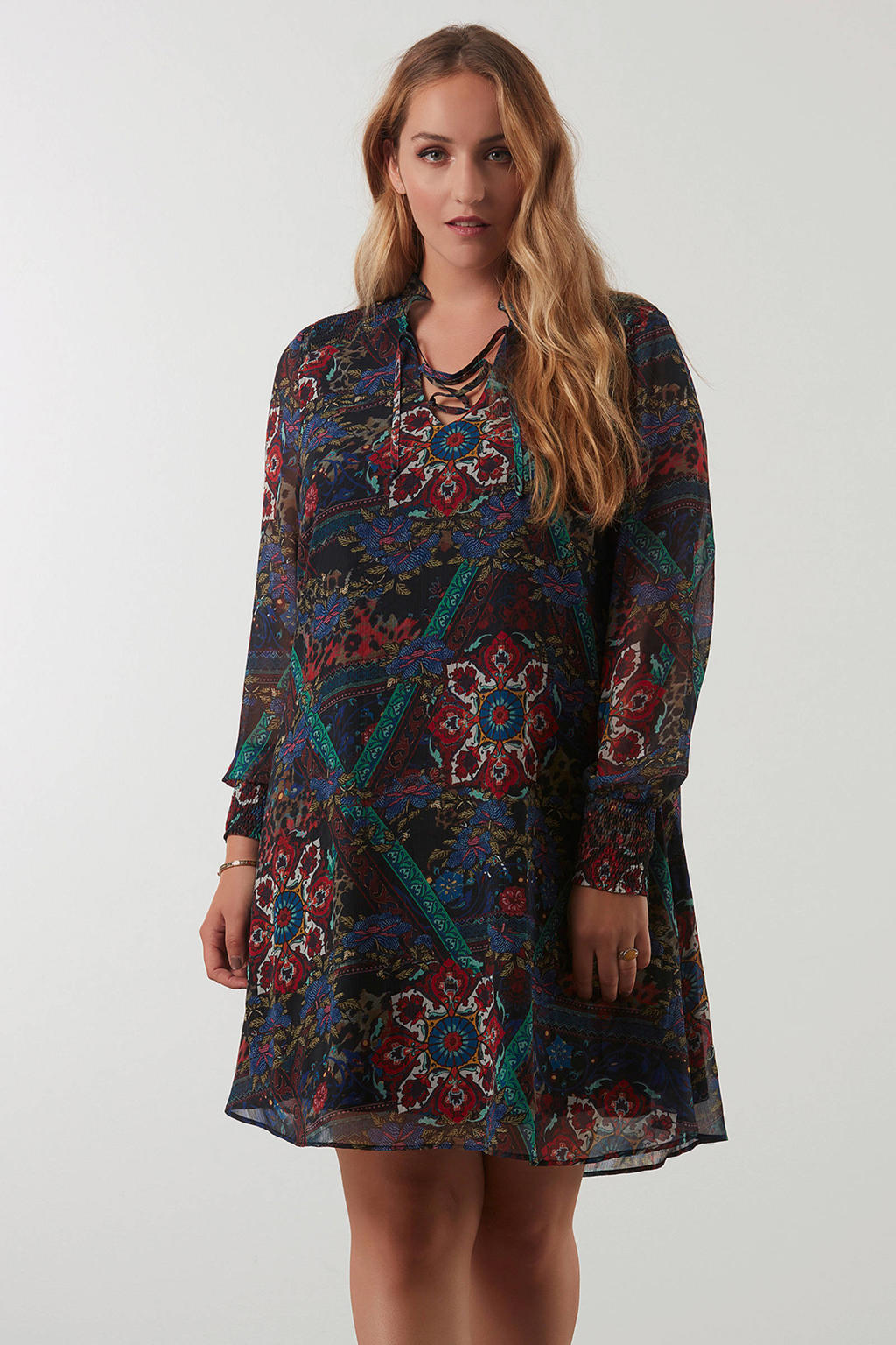 MS Mode jurk met all over print en ruches zwart/rood/groen/blauw | wehkamp