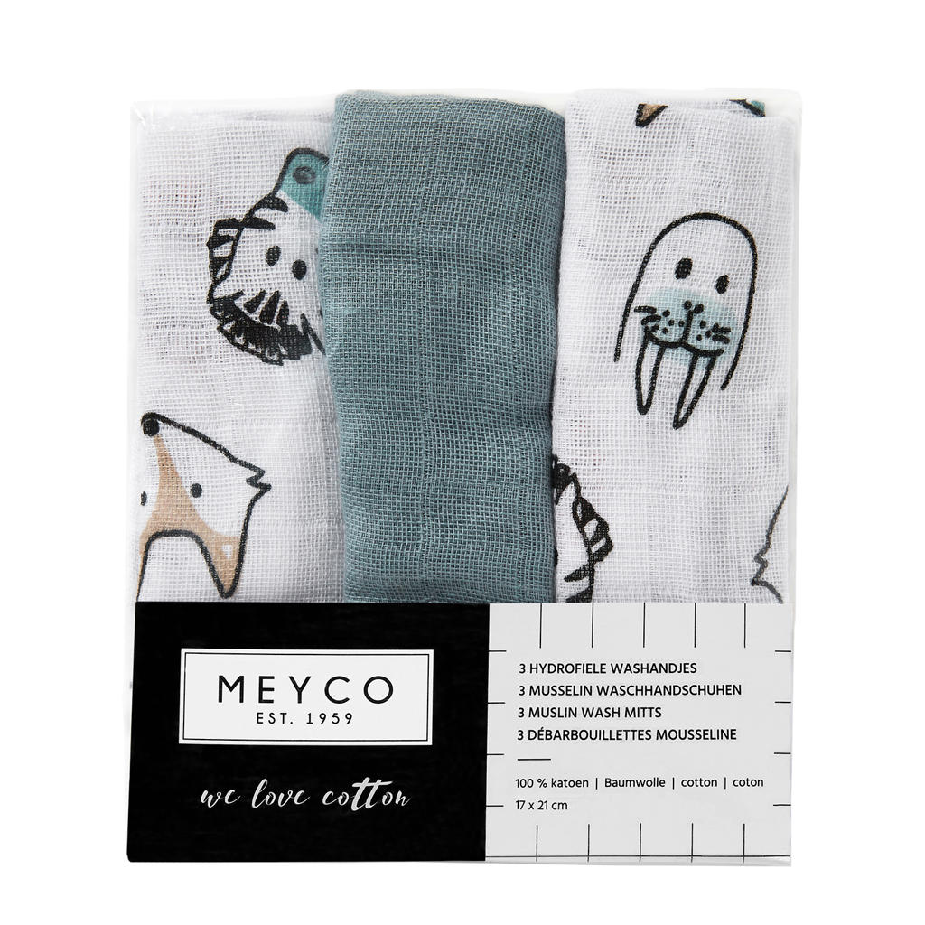 Meyco hydrofiele baby washandjes (set van 3) animal/uni | wehkamp