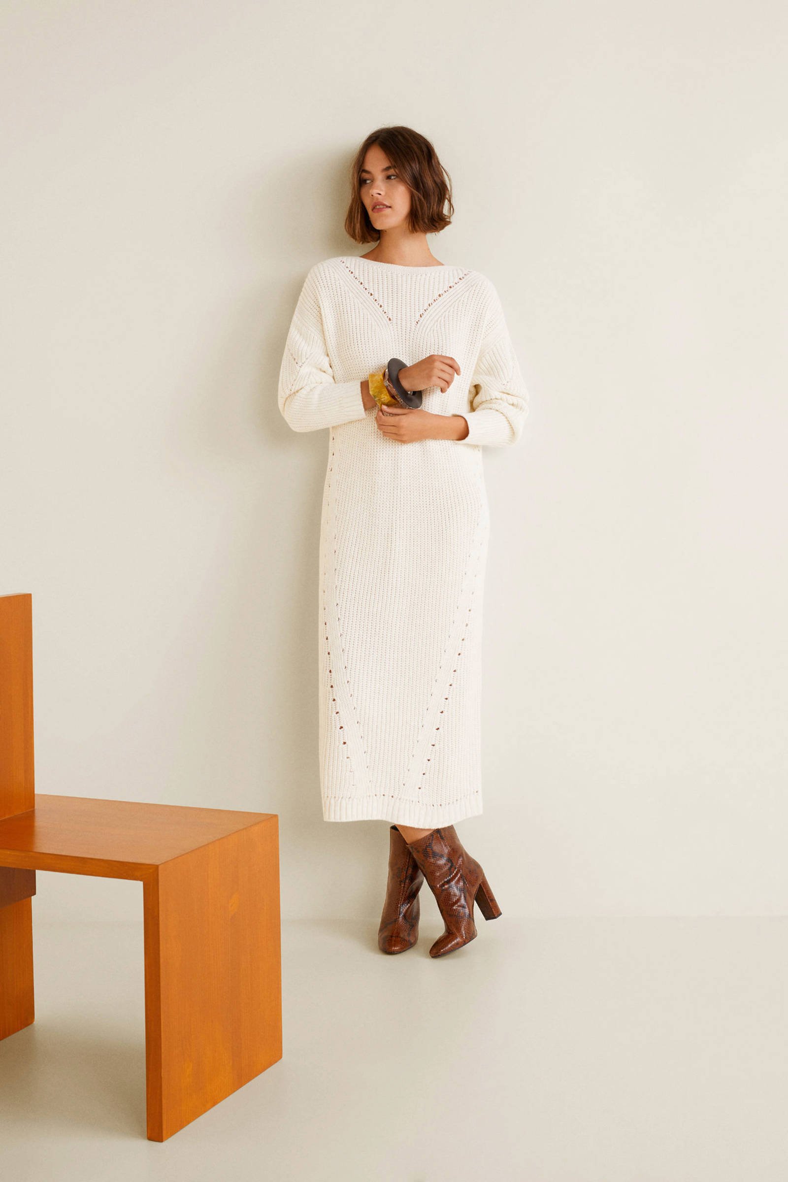 Mango lange gebreide jurk ecru | wehkamp