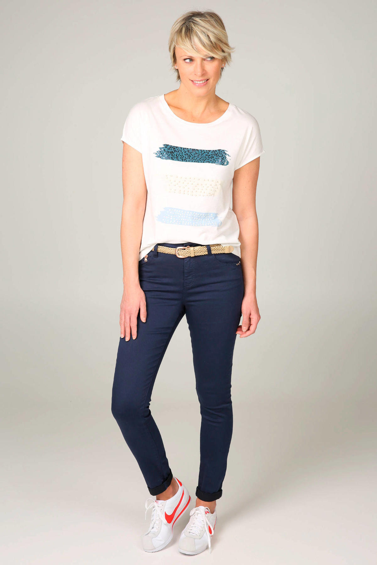 Cassis T-shirt met printopdruk en pailletten ecru/blauw | wehkamp