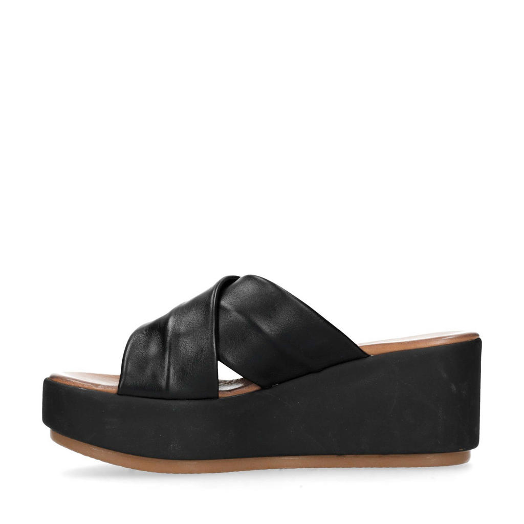 Sacha leren plateau slippers zwart | wehkamp