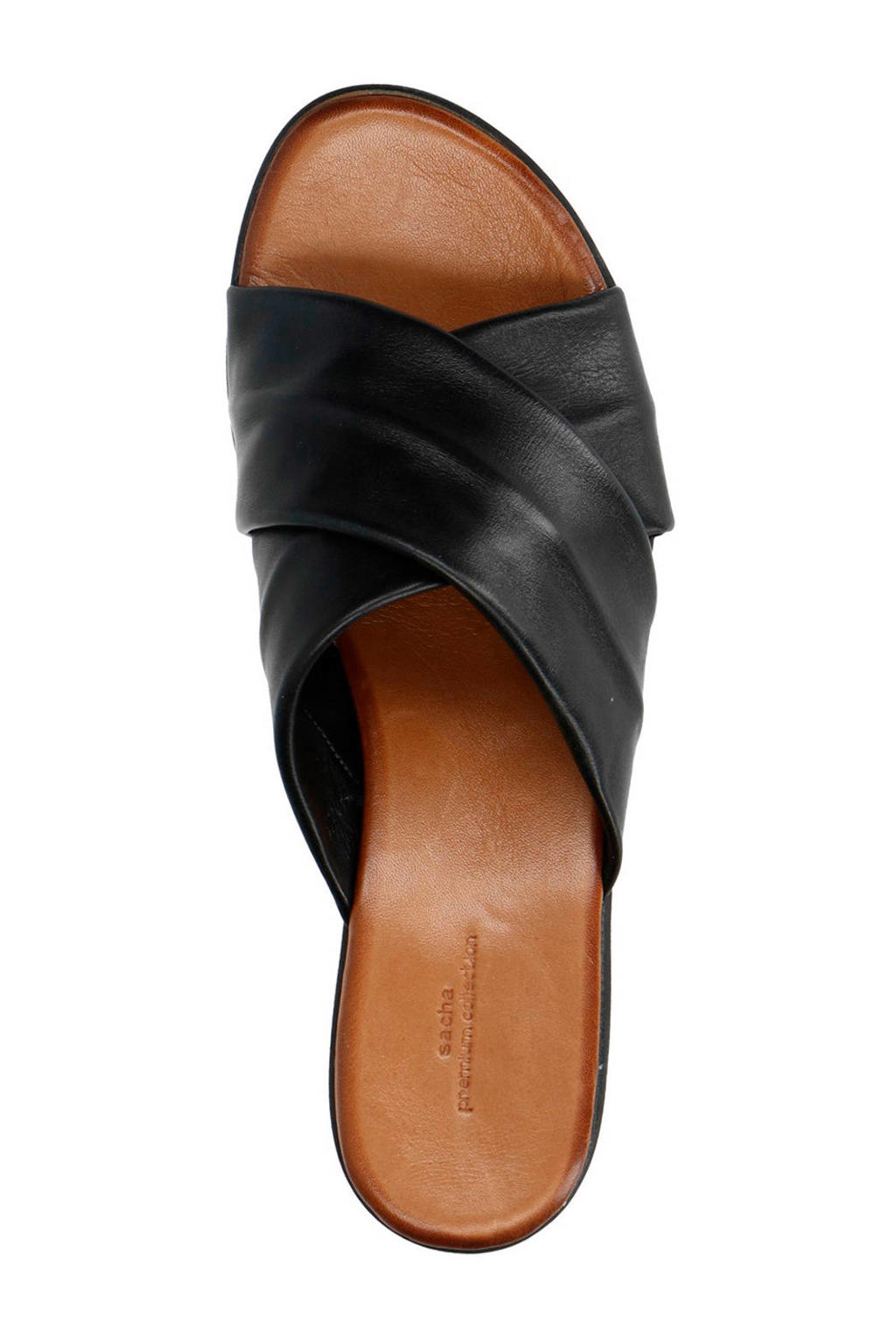 Sacha leren plateau slippers zwart | wehkamp