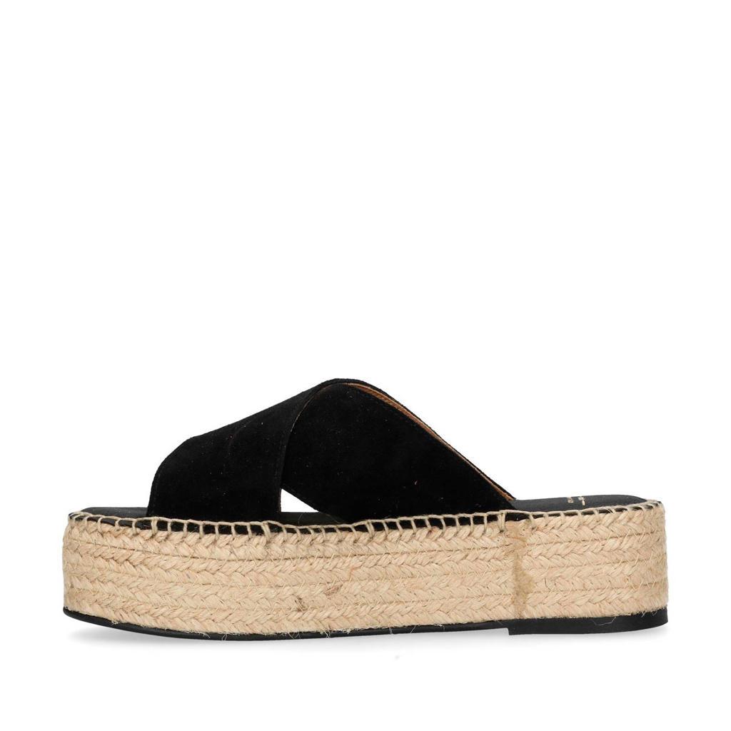 Sacha leren plateau slippers zwart | wehkamp