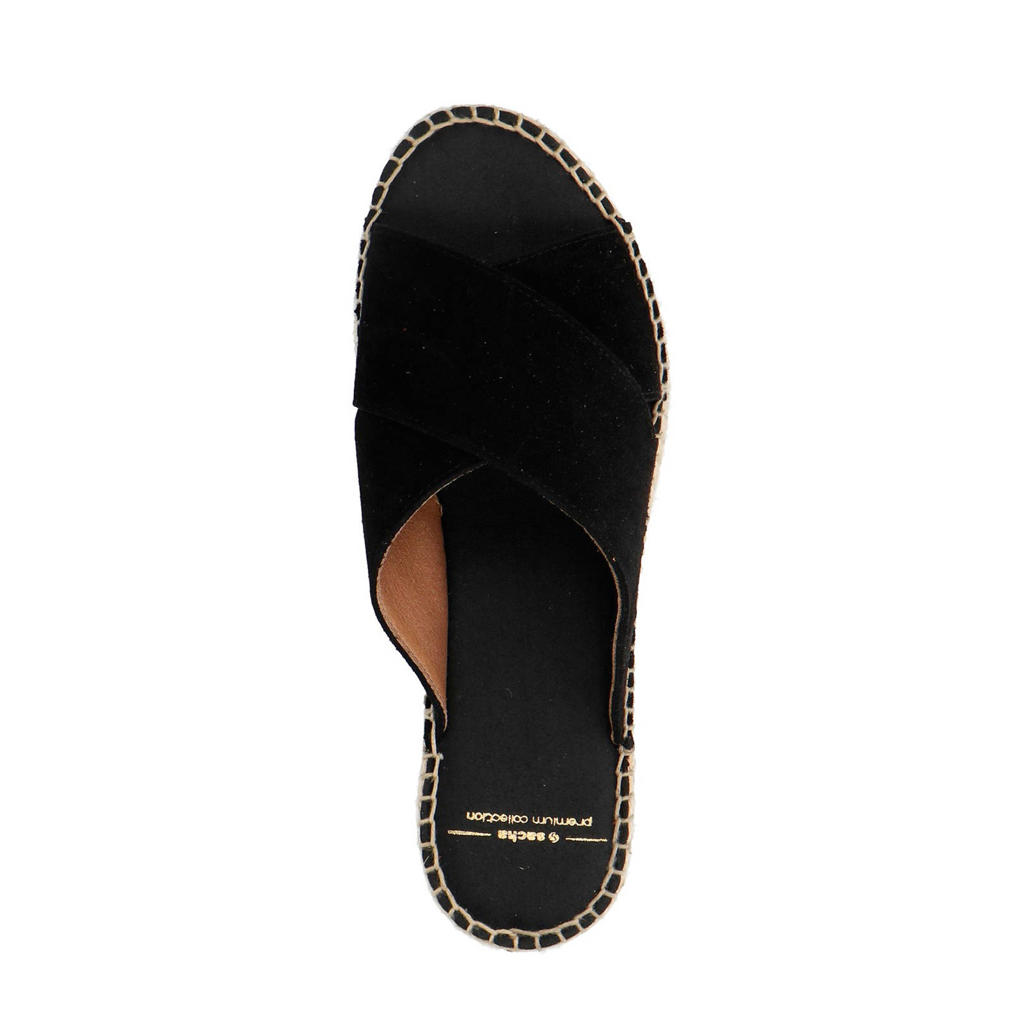 Sacha leren plateau slippers zwart | wehkamp