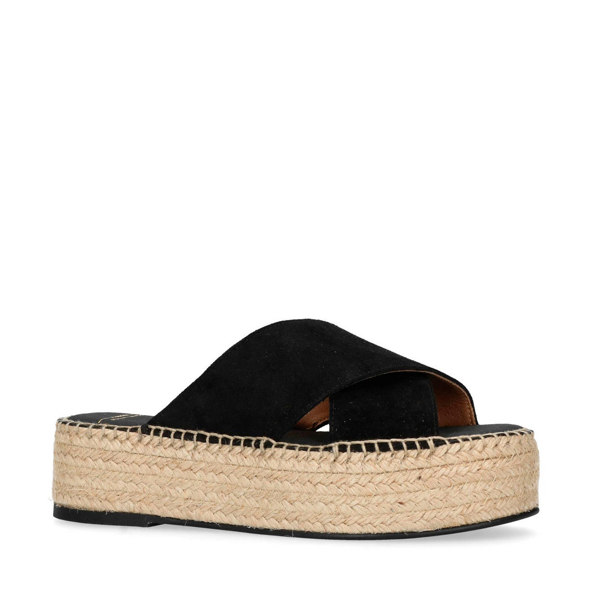 Sacha leren plateau slippers zwart | wehkamp