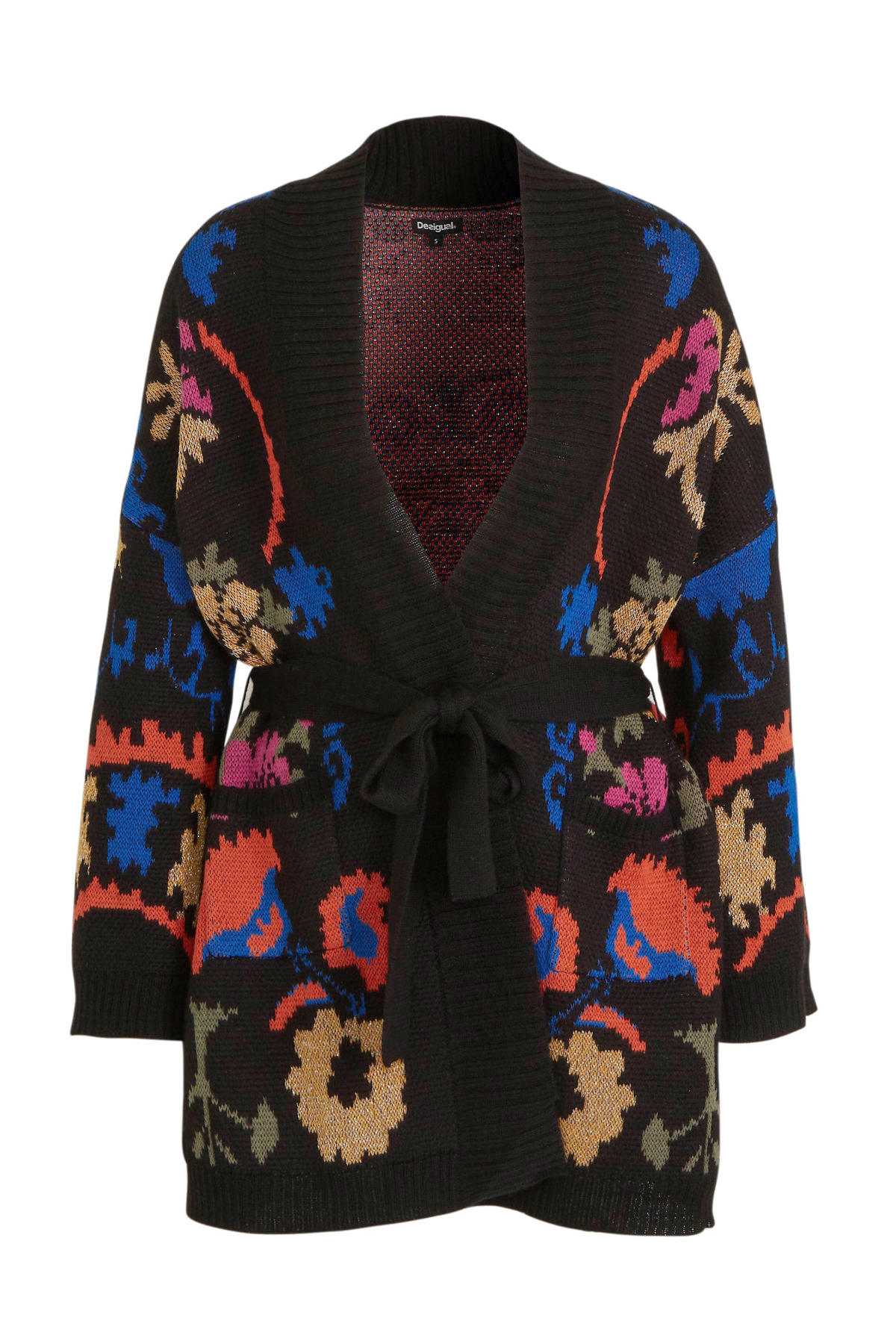 Desigual gebreid vest met all over print en ceintuur zwart/multi | wehkamp