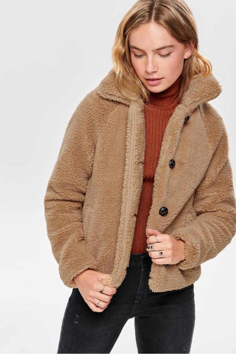 ONLY teddy winterjas ONLEMILY lichtbruin | wehkamp
