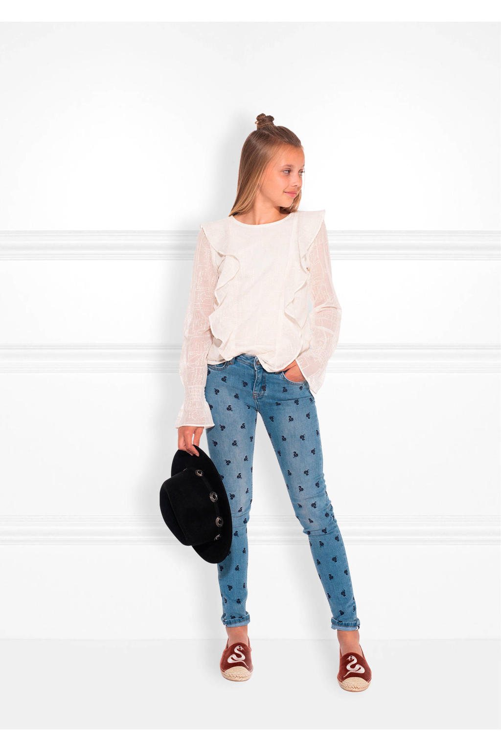 NIK&NIK semi-transparante top Breanne met all over print en ruches ...