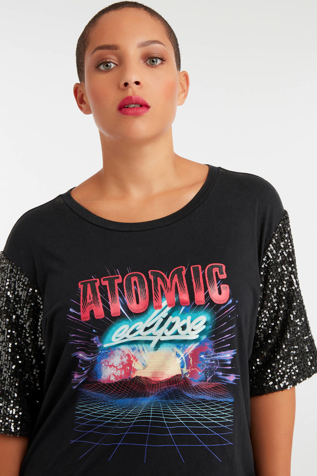MS Mode T-shirt met printopdruk en pailletten antraciet | wehkamp