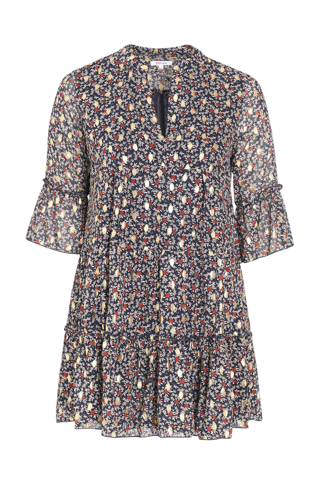 Paprika jurk met all over print en ruches blauw/multi | wehkamp