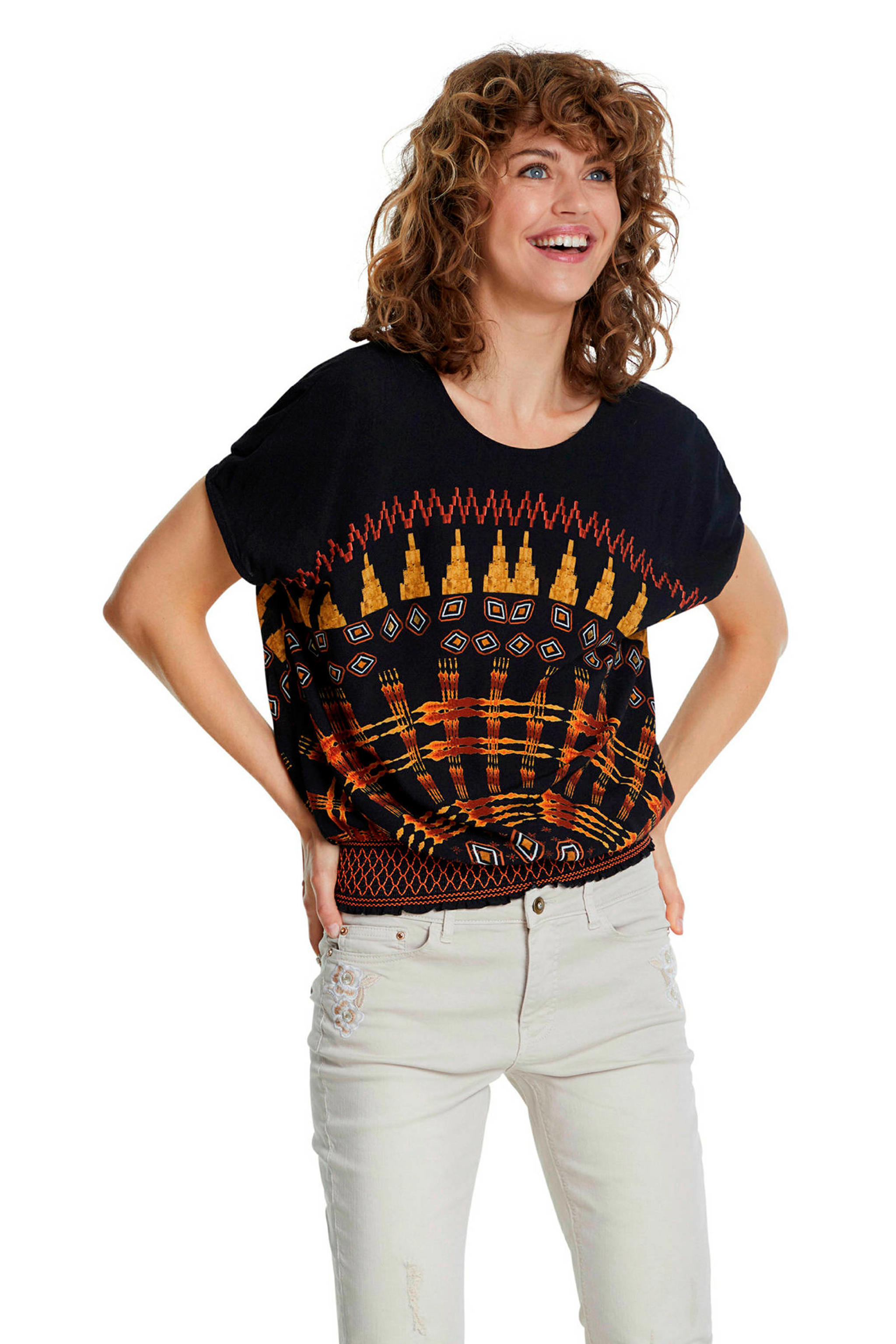 Desigual top met printopdruk zwart/geel/rood | wehkamp