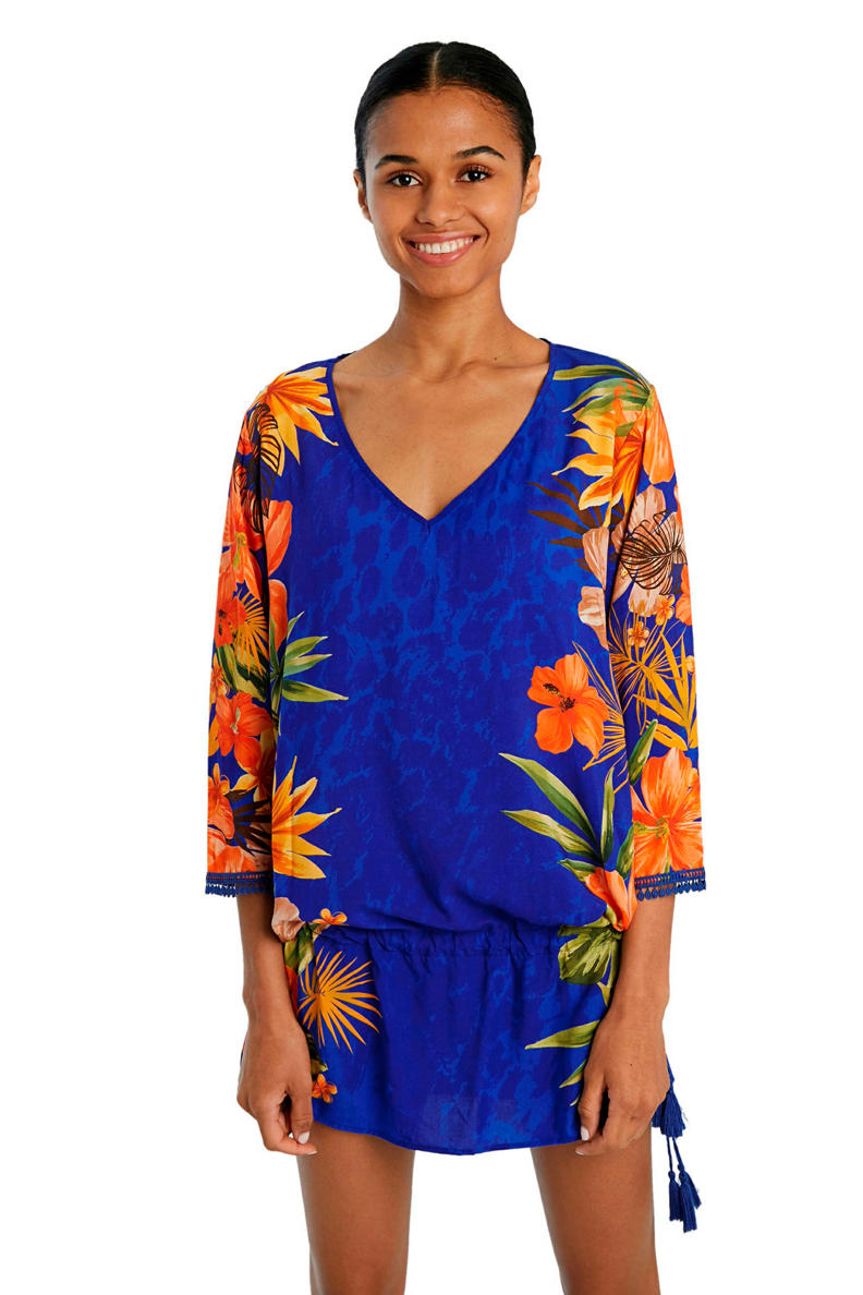 Desigual strandtuniek met bloemen blauw/oranje | wehkamp
