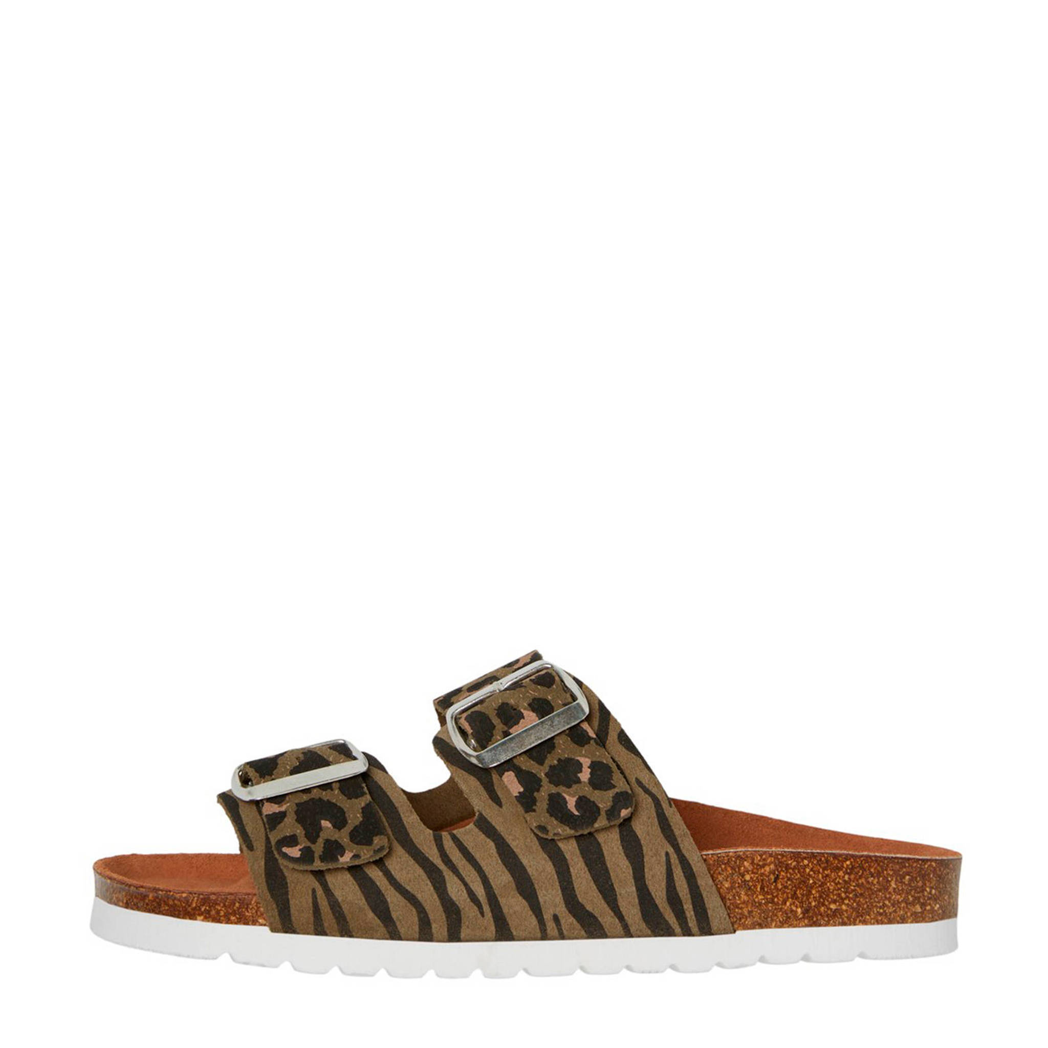 VERO MODA leren slippers panterprint/kaki | wehkamp