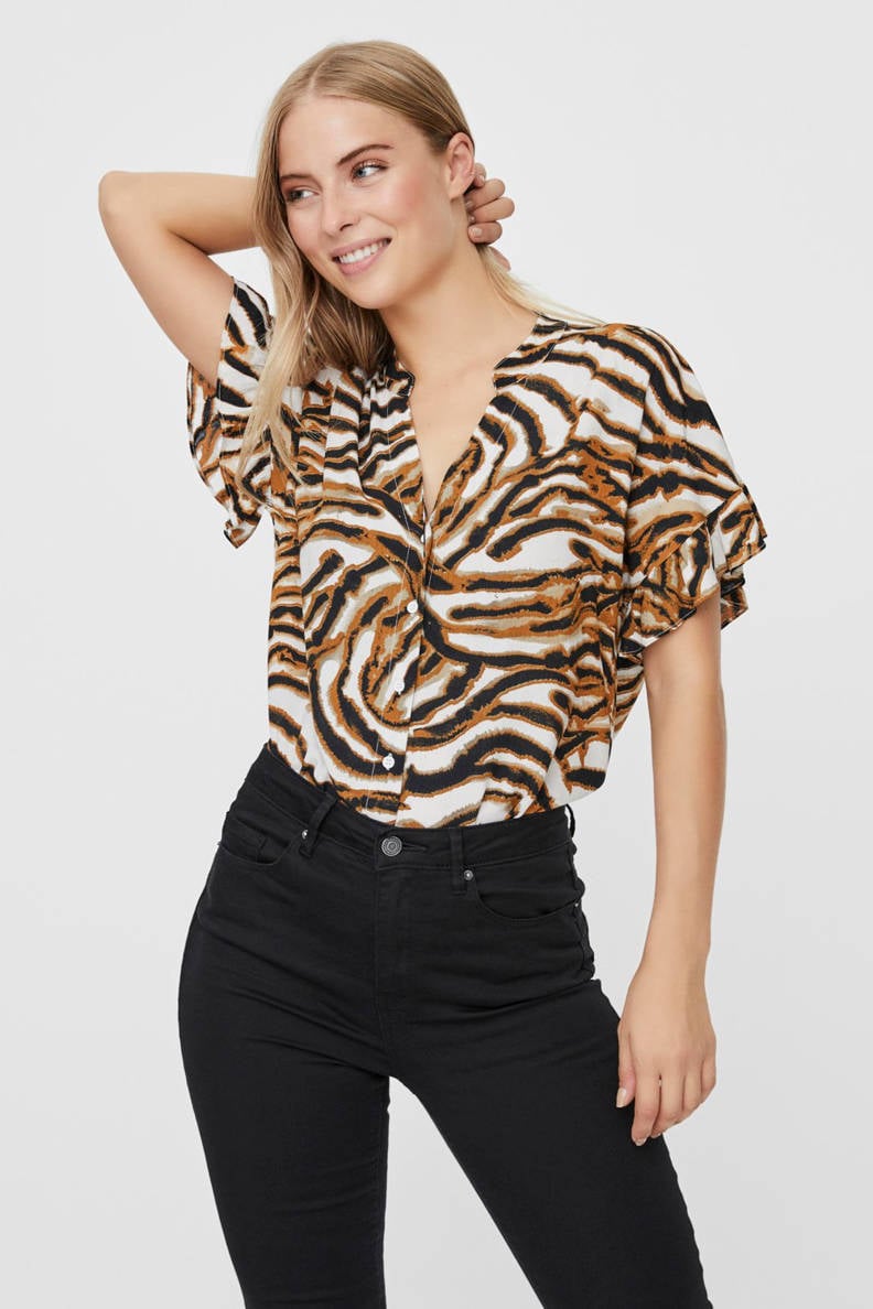 VERO MODA blouse met all over print en ruches bruin | wehkamp