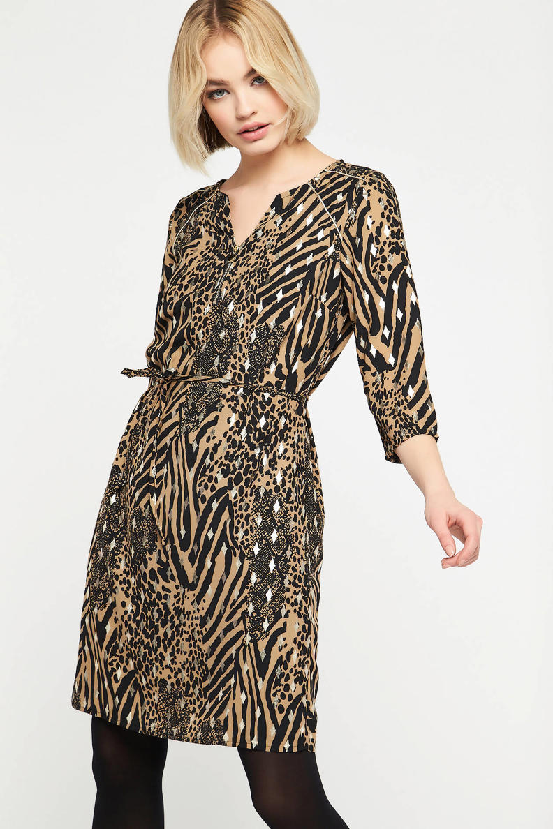 LOLALIZA jurk met dierenprint en ceintuur beige/zwart | wehkamp