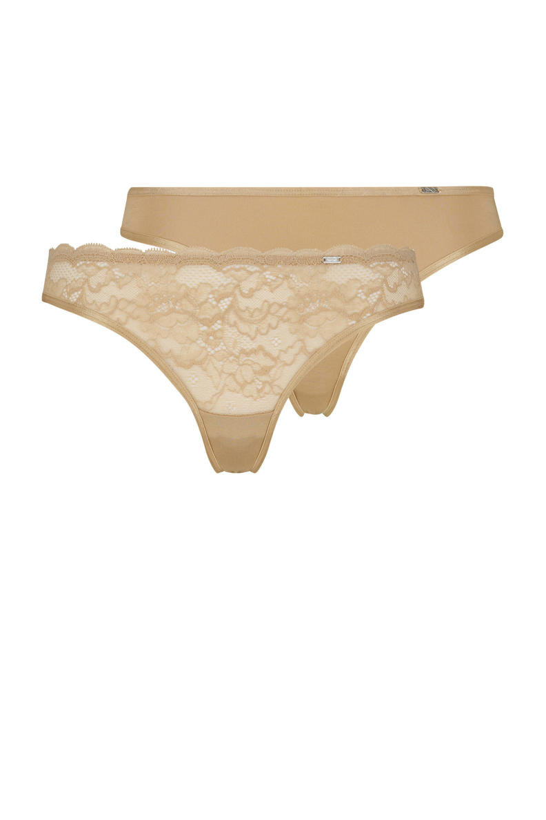 Hunkemöller string Angie met kant (set van 2) donkerbeige | wehkamp