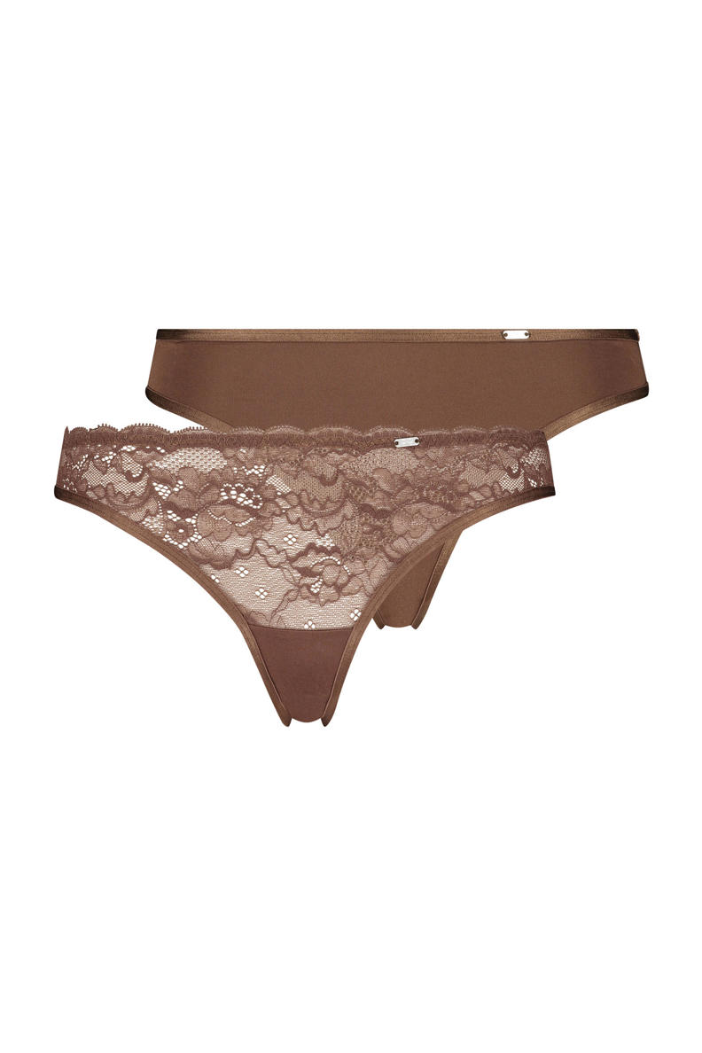 Hunkemöller string Angie met kant (set van 2) bruin | wehkamp
