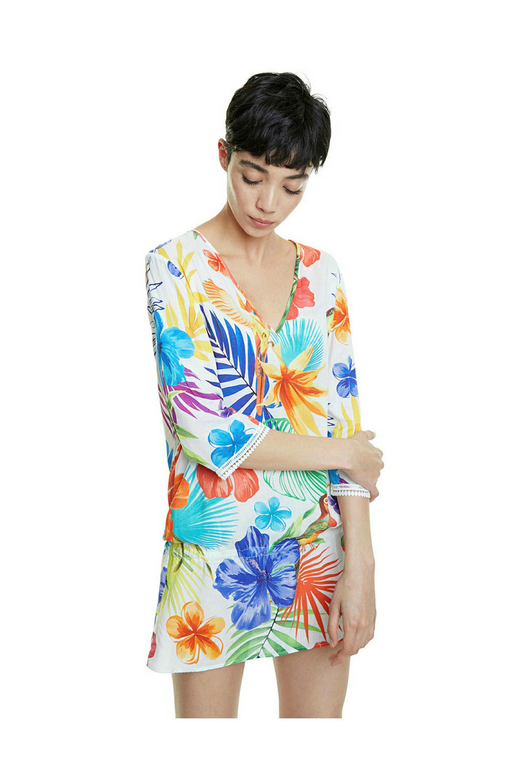 Desigual gebloemde strandtuniek wit/blauw/rood | wehkamp