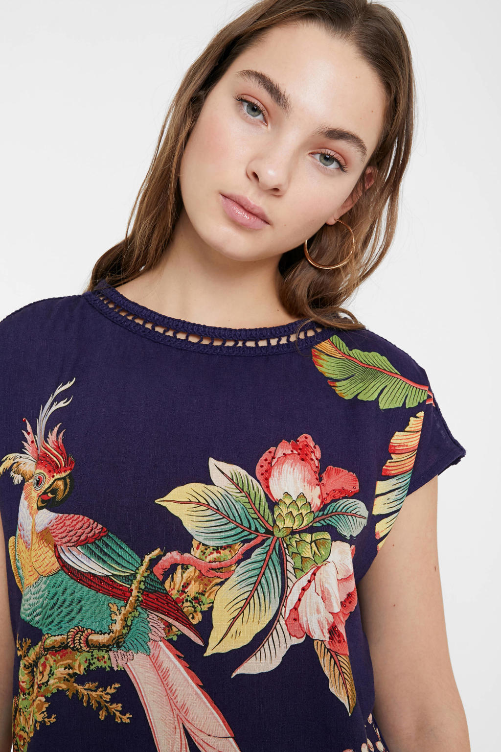 Desigual top met all over print en open detail donkerblauw | wehkamp