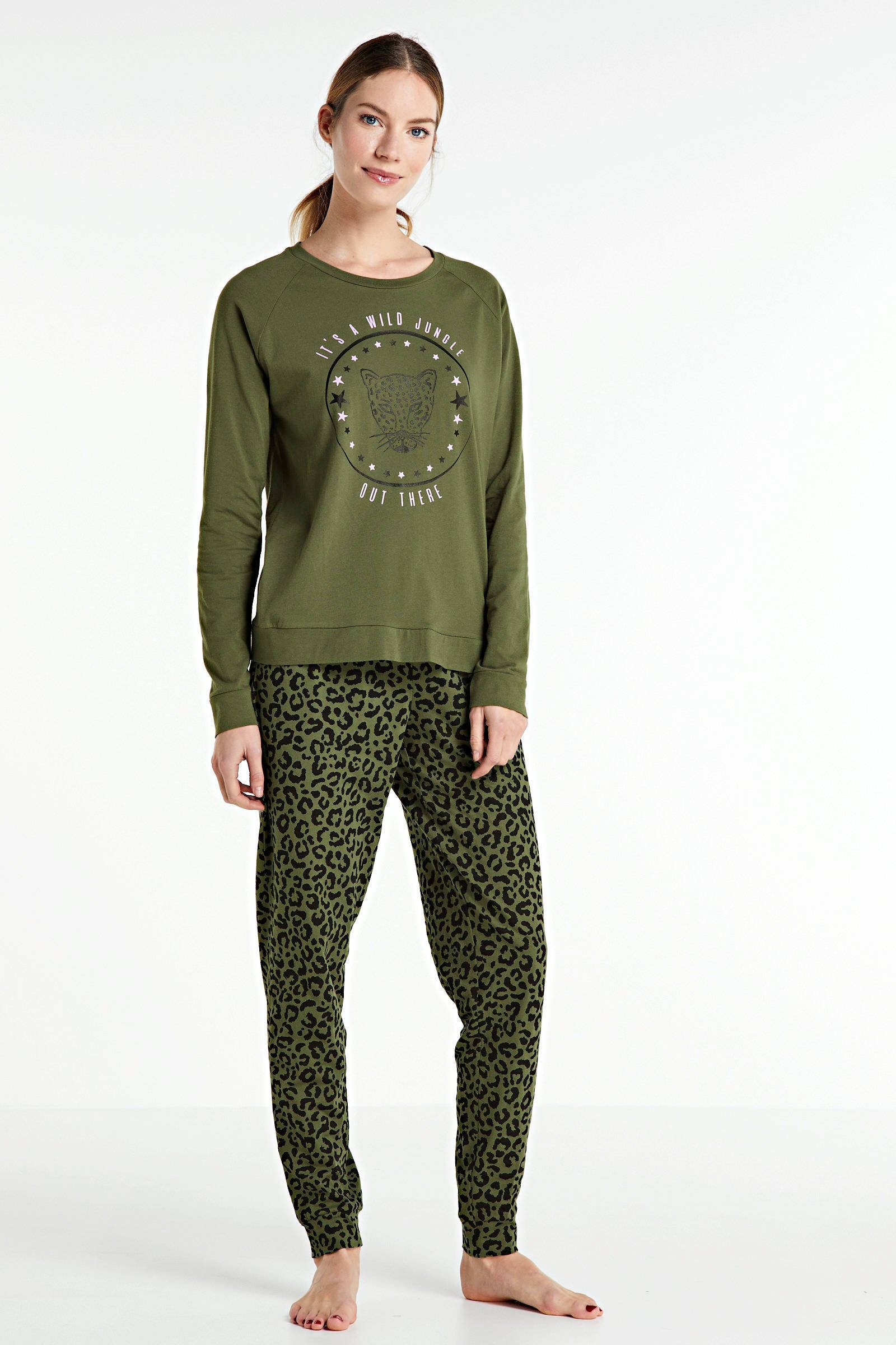 wehkamp pyjama met printopdruk olijfgroen | wehkamp