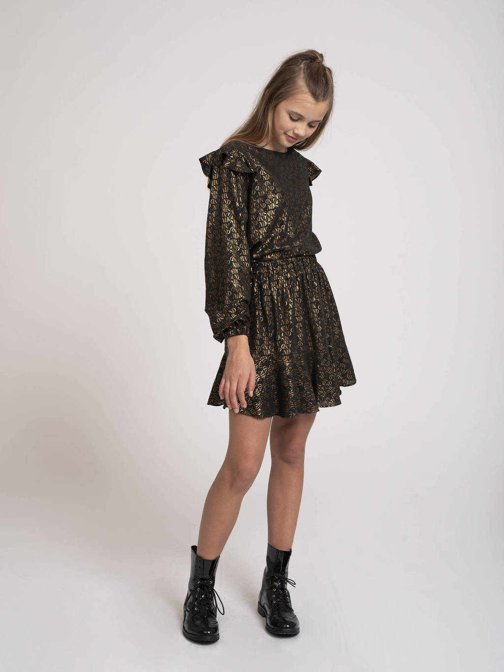 NIK&NIK top Tasha met all over print en ruches zwart/goud | wehkamp