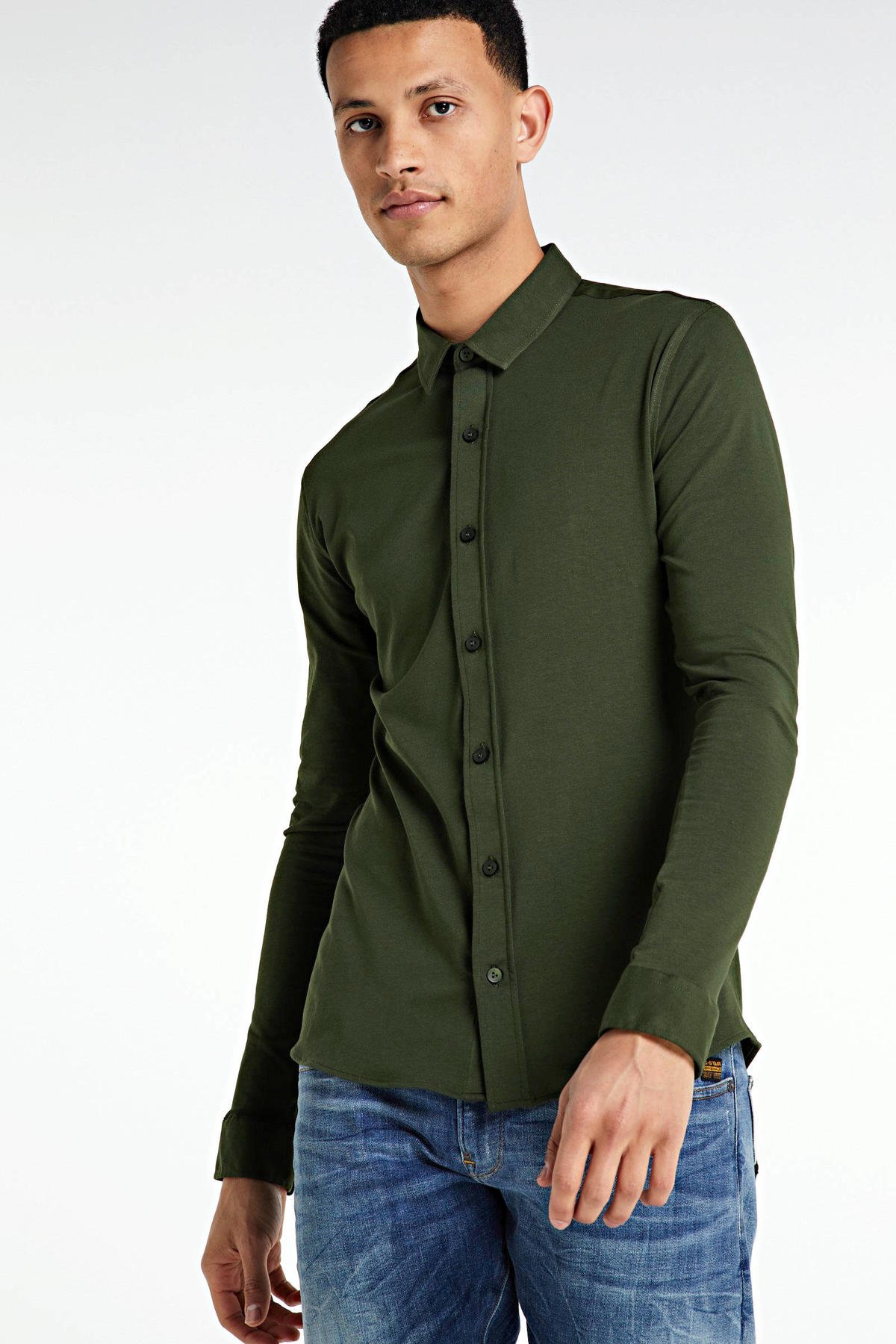 Pure Path jersey slim fit overhemd ESSENTIALS army green | wehkamp