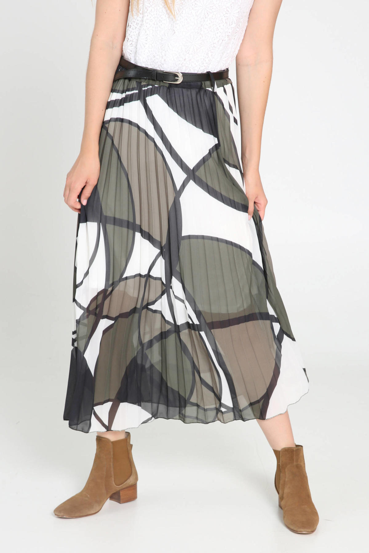 Cassis semi-transparante plissé rok met grafische print en ceintuur wit ...