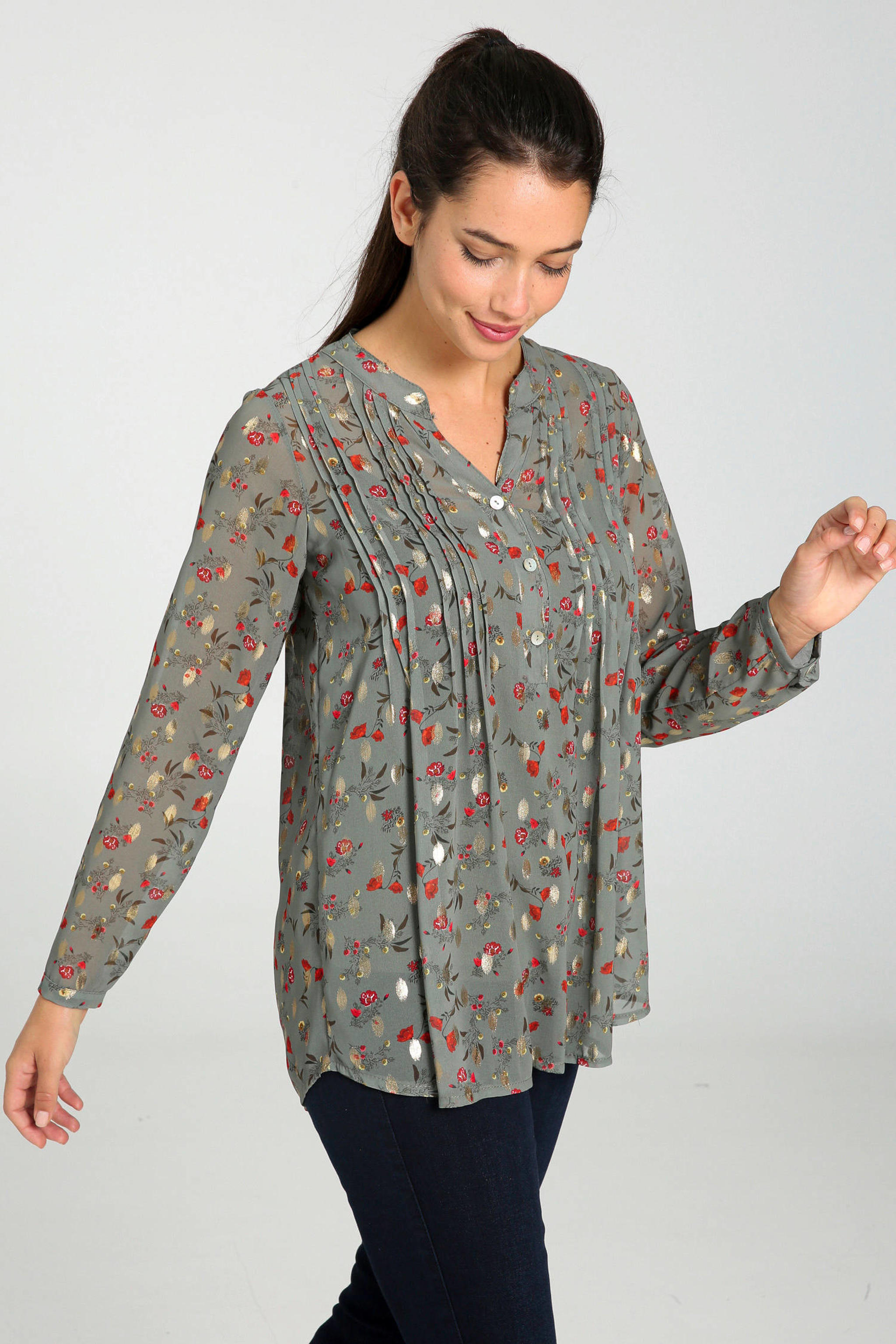 Cassis semi-transparante top met all over print en plooien lichtgroen ...