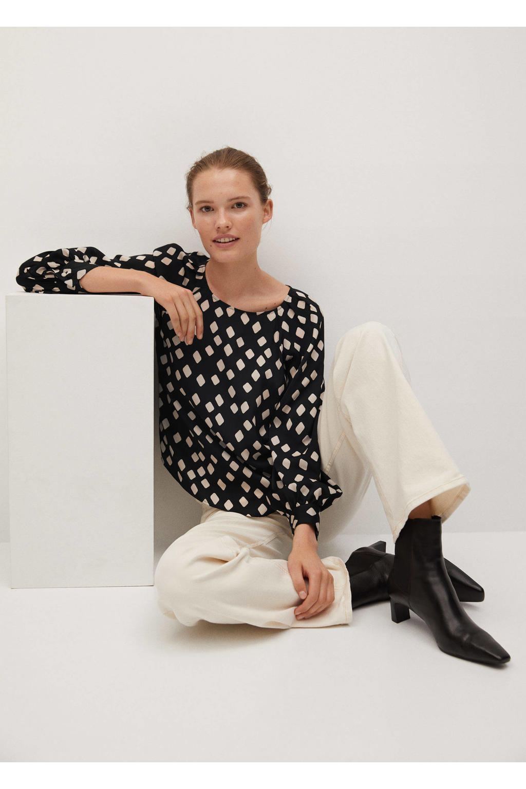 Mango top met all over print zwart/ecru | wehkamp