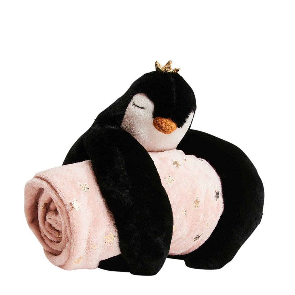 Hunkemöller fluwelen deken met knuffel pinguin roze | wehkamp