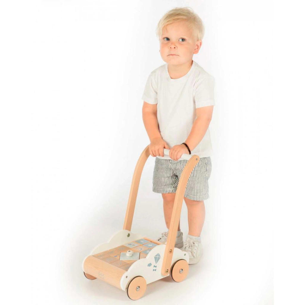 Label Label Wood houten Loopwagen met educatieve blokken blauw | wehkamp