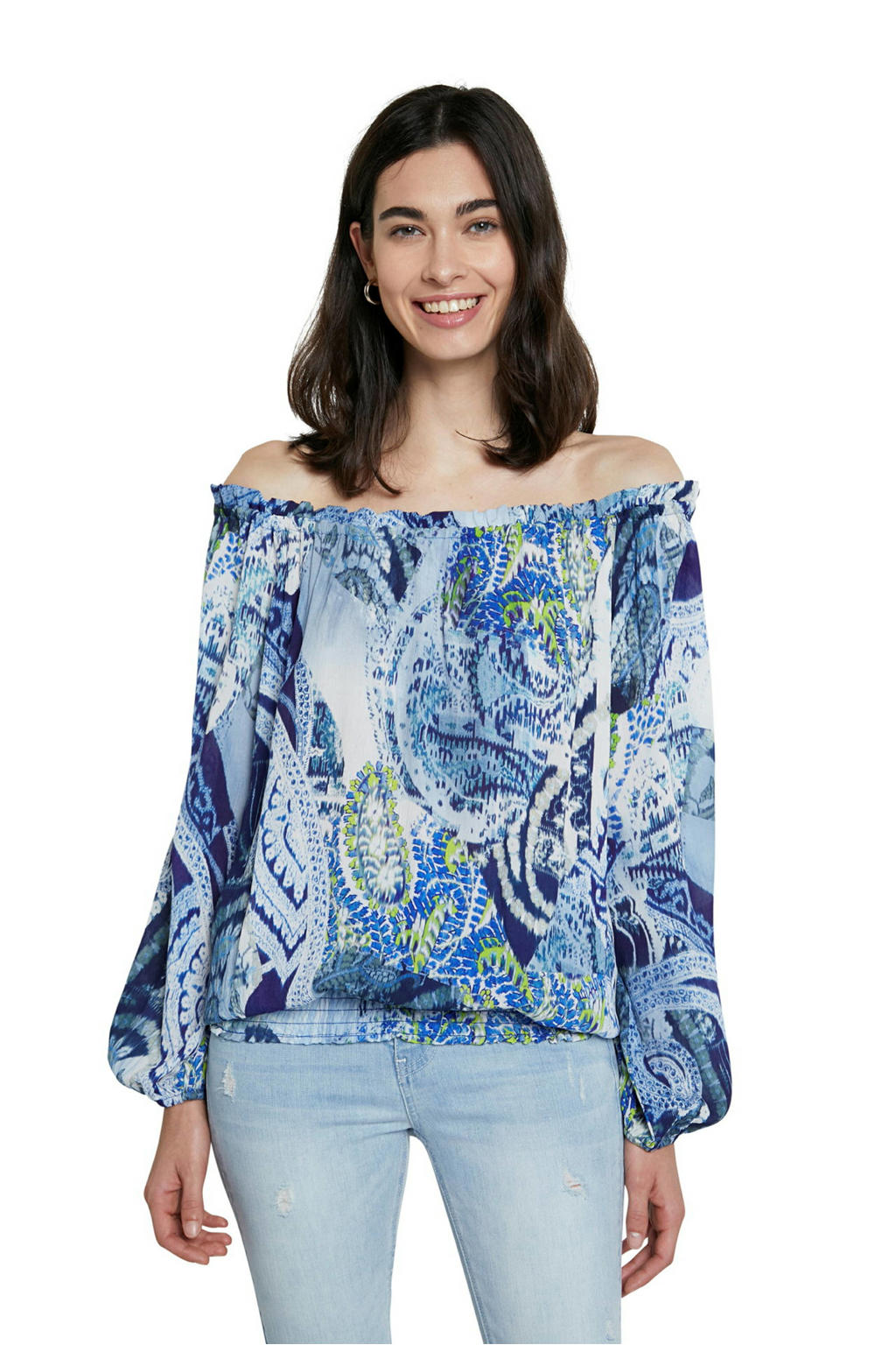 Desigual top met all over print en ruches donkerblauw | wehkamp