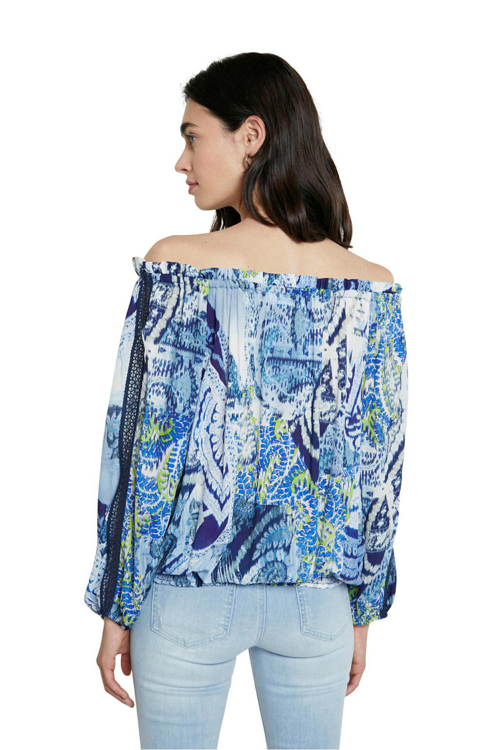 Desigual top met all over print en ruches donkerblauw | wehkamp