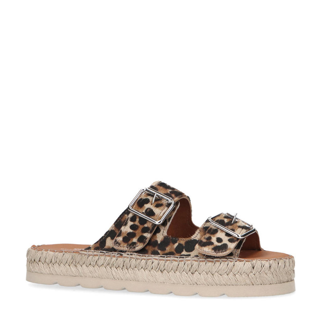Sacha leren plateau slippers met panterprint | wehkamp