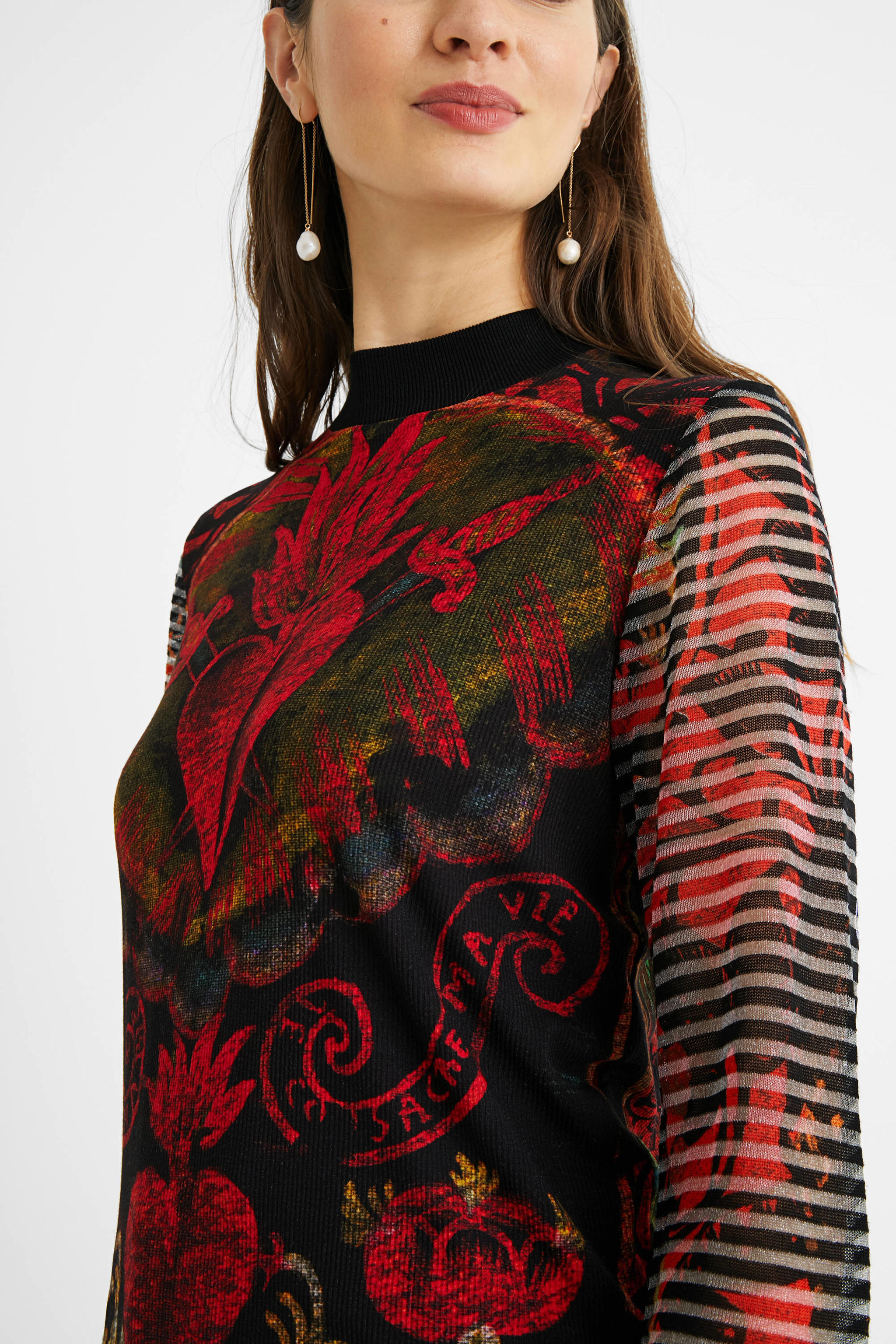 Desigual top met all over print en glitters zwart/rood | wehkamp