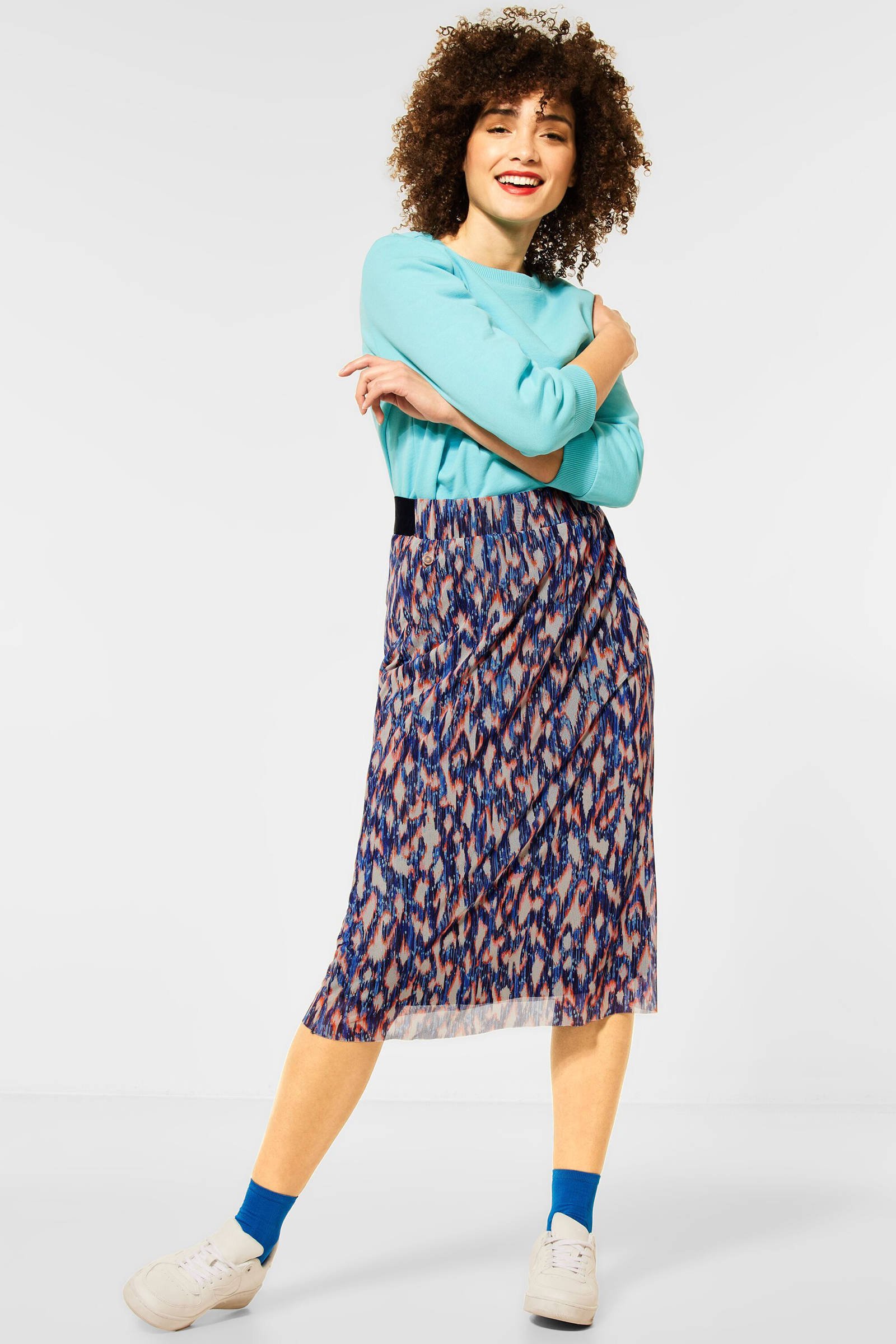 Street One semi-transparante midi rok met all over print en mesh blauw ...