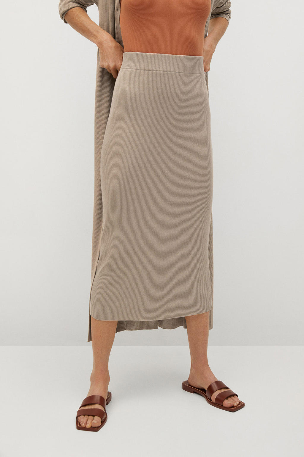 Mango ribgebreide rok beige | wehkamp