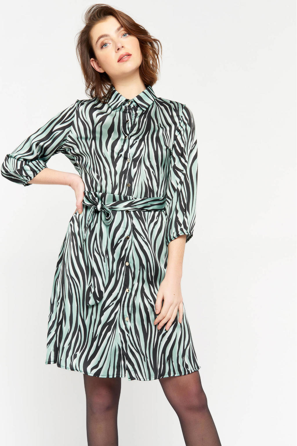 LOLALIZA satijnen blousejurk met zebraprint en ceintuur mintgroen | wehkamp