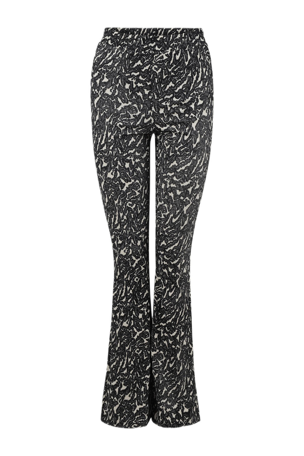 Shoeby flared broek Rib met all over print zwart/ecru | wehkamp