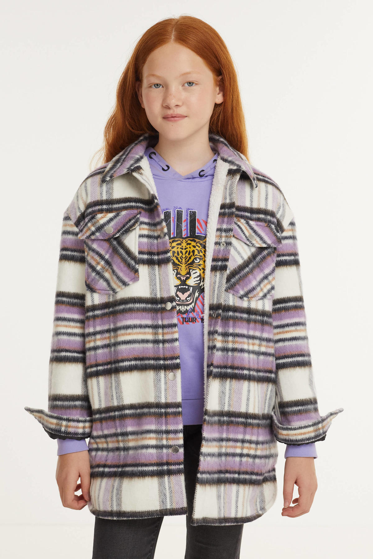 KIDS ONLY geruit shacket KONANDREA-STORMY wit/paars/bruin | wehkamp