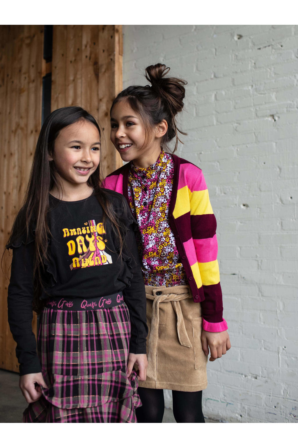 Quapi Girls longsleeve Karola met printopdruk en ruches antraciet/geel ...