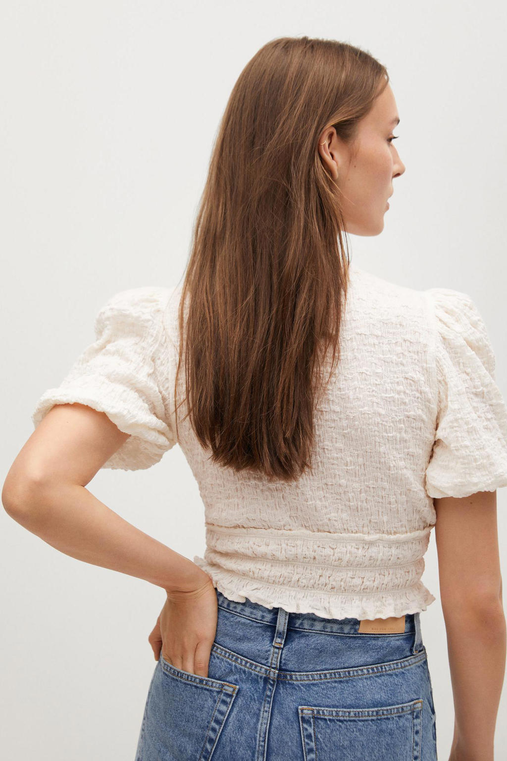 Mango crop top met ruches lichtbeige | wehkamp