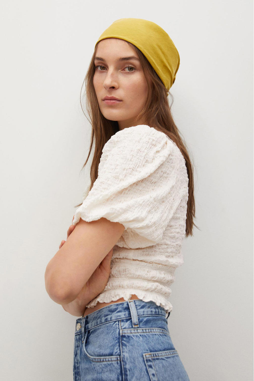 Mango crop top met ruches lichtbeige | wehkamp