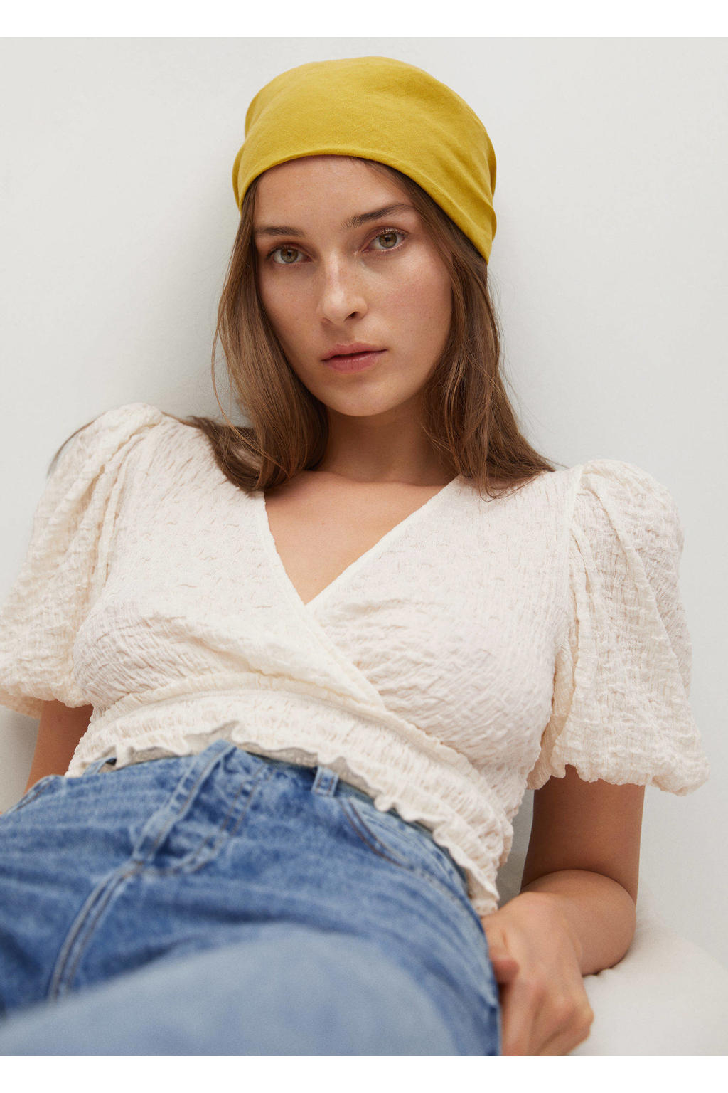 Mango crop top met ruches lichtbeige | wehkamp