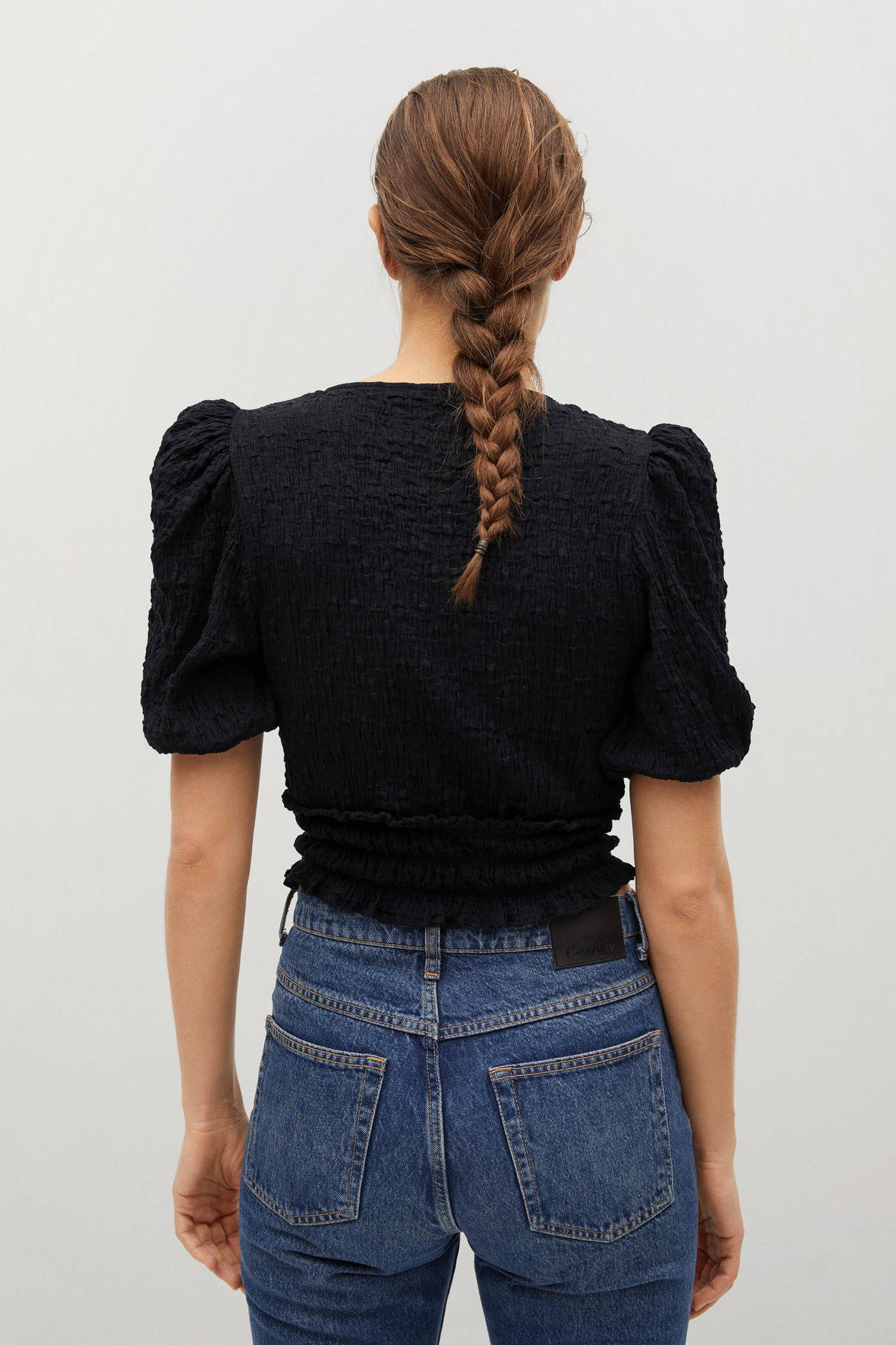 Mango crop top met ruches zwart | wehkamp