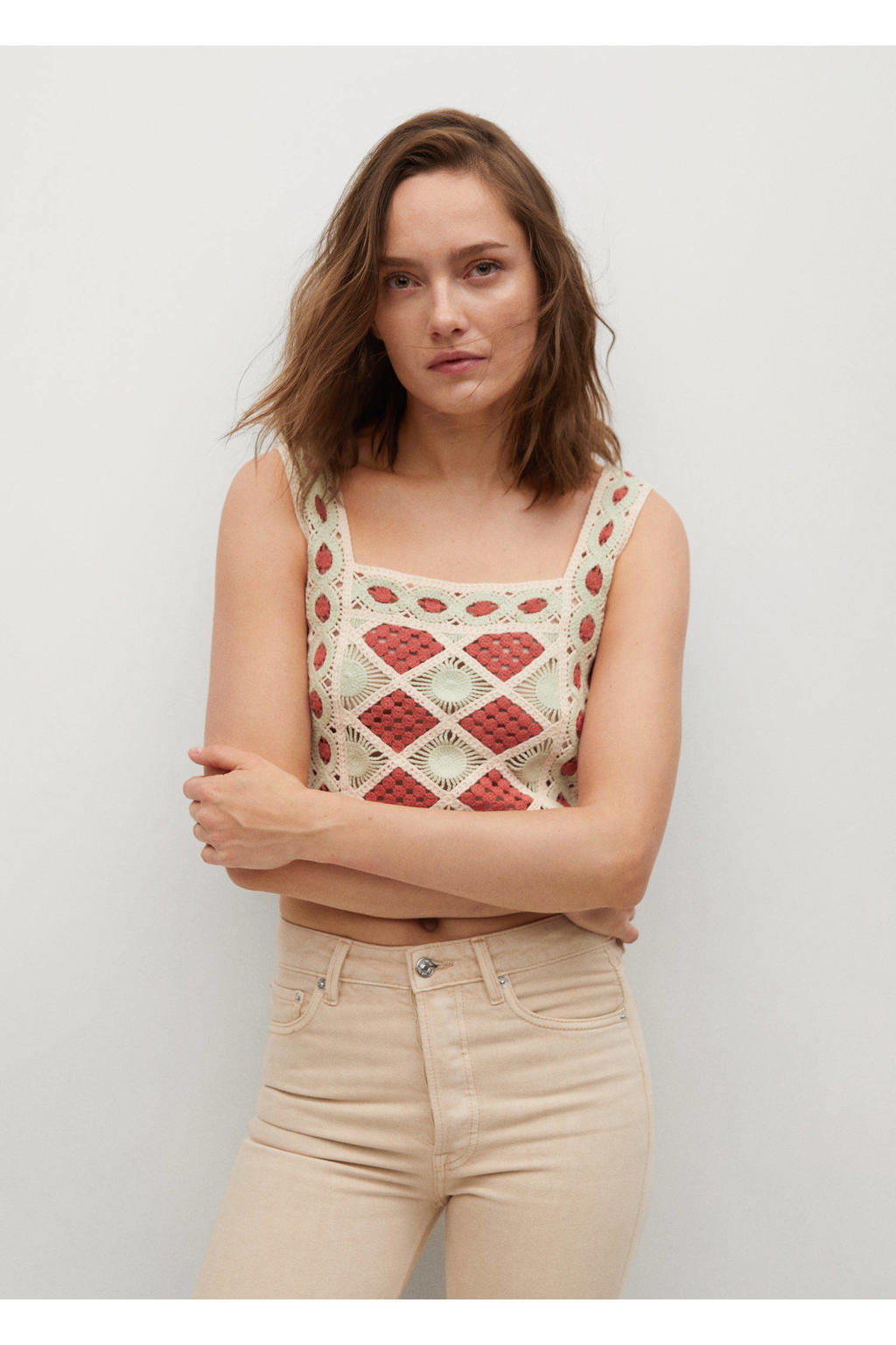 Mango crop top rood/ecru/groen | wehkamp
