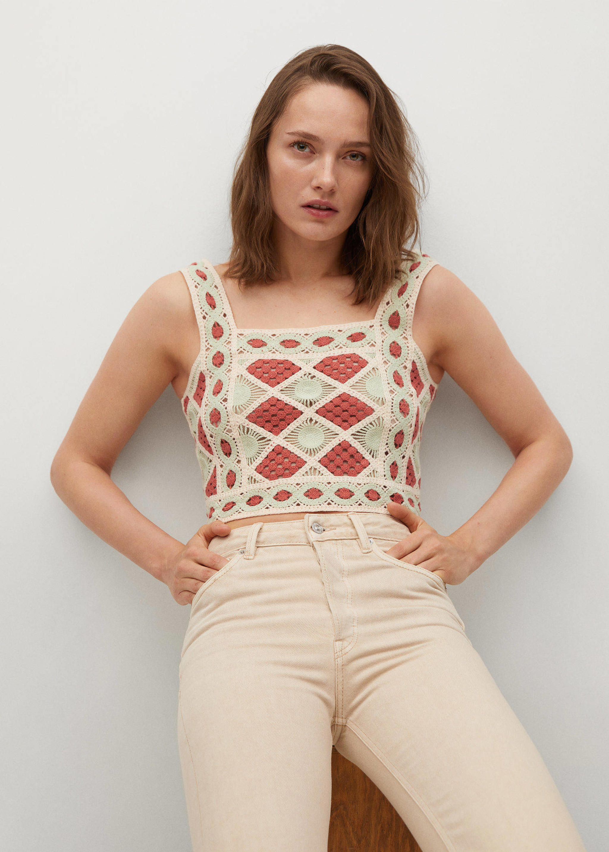 Mango crop top rood/ecru/groen | wehkamp