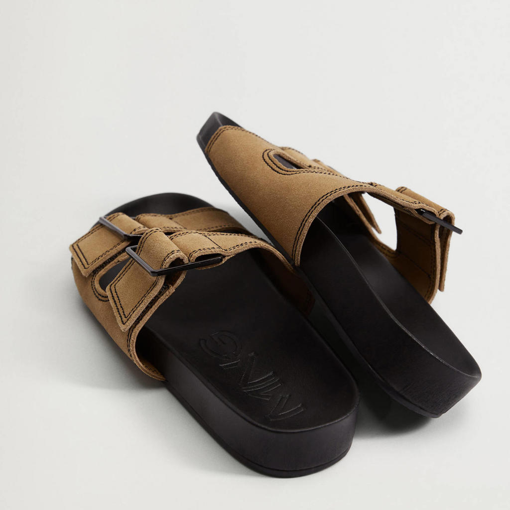 Mango leren slippers lichtbruin | wehkamp